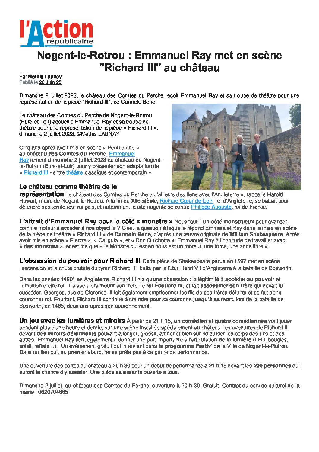 Nogent-le-Rotrou : Emmanuel Ray met en scène "Richard III" au château ...